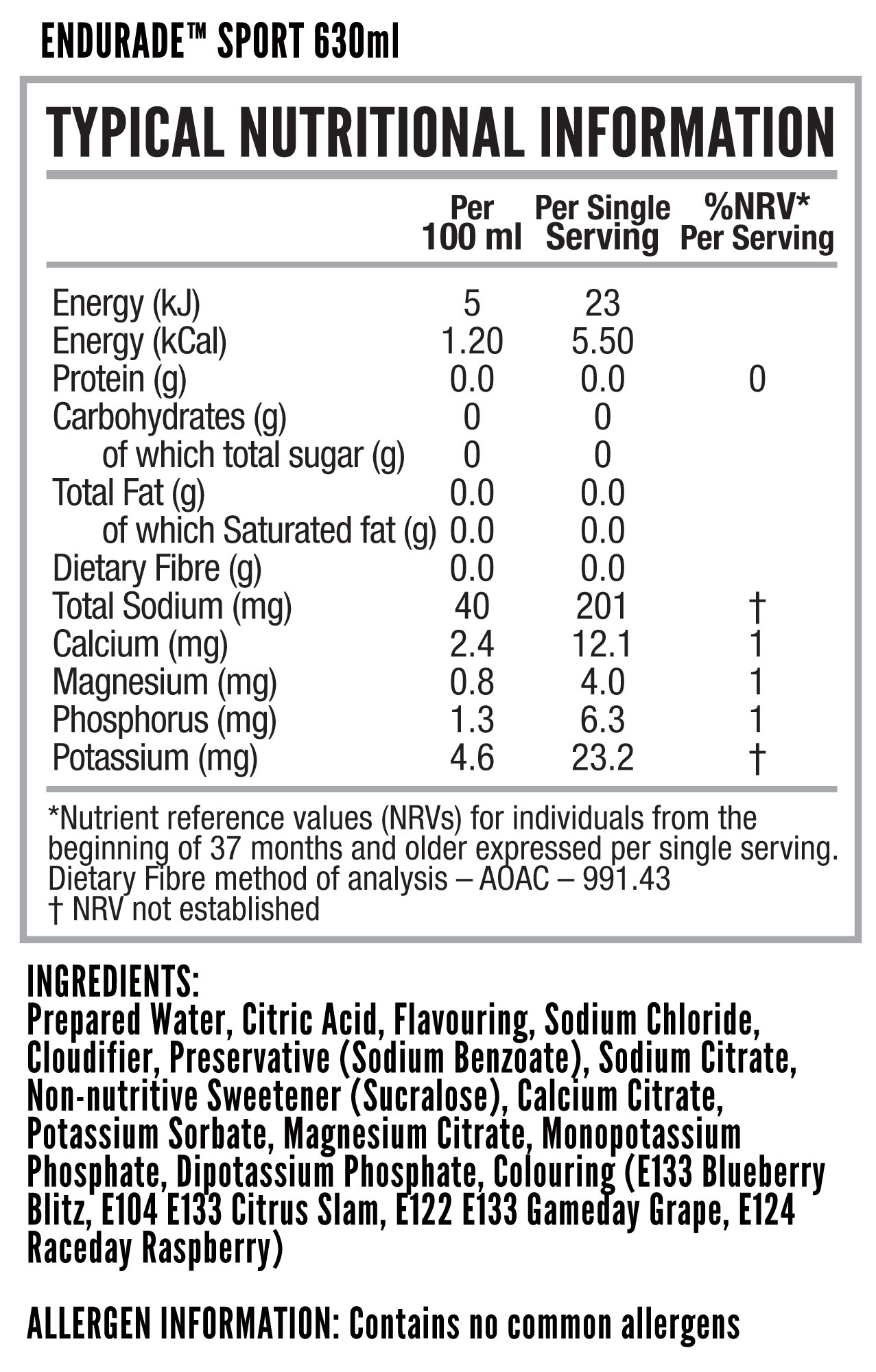 Endurade-Sport-Typical-Nutritional-Information - Vitatech Health